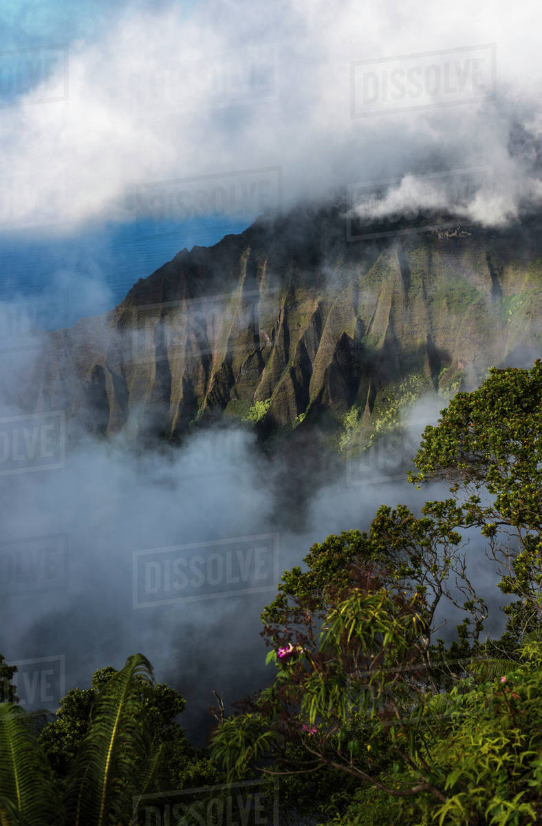 A spectacular view materializes out of the mist; Kalalau, Kauai, Hawaii ...