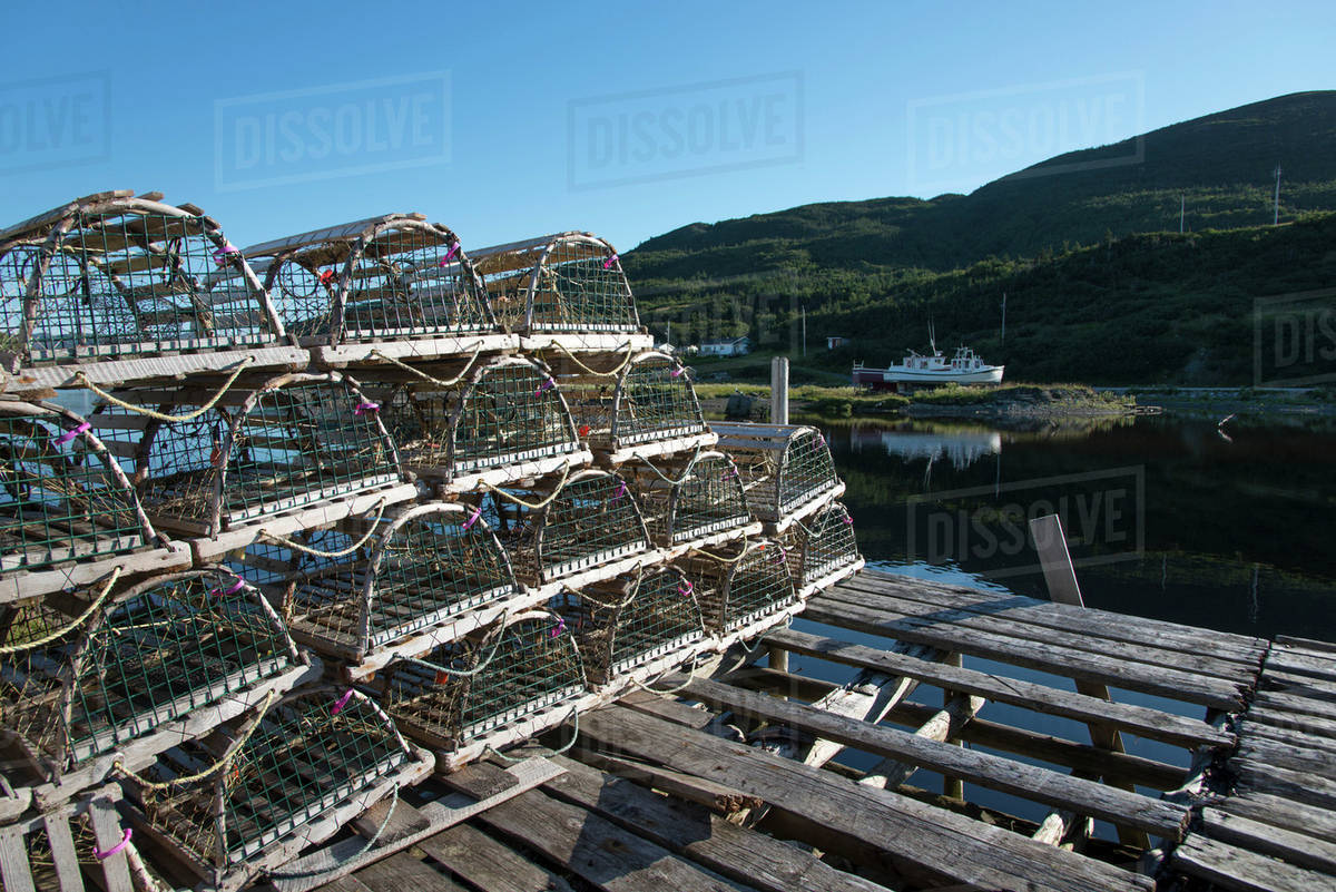 Lobster traps piled on an old wooden dock; Trout River, Newfoundland ...
