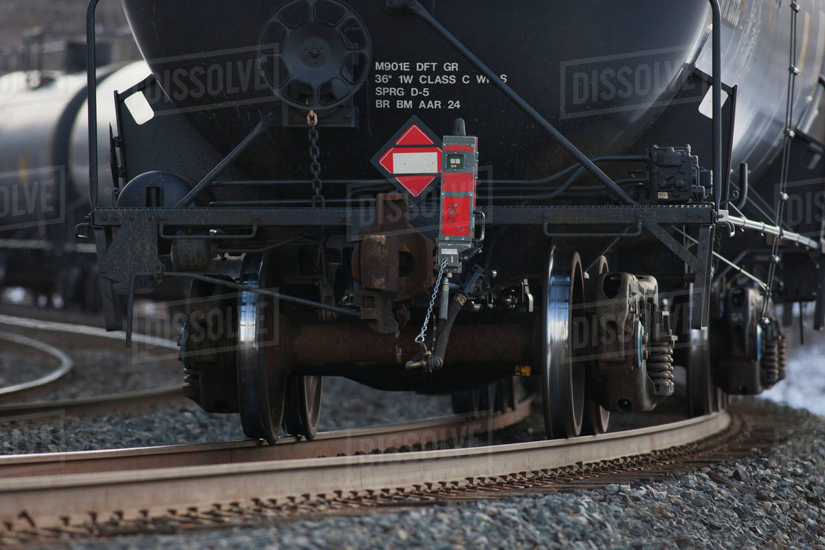 End of train device attached to a tank car on the rear of a freight ...