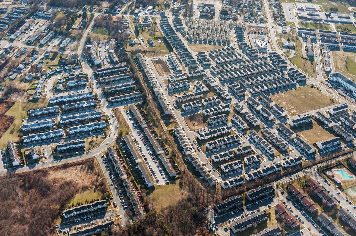 Aerial view of suburban area in Baltimore County; Harford, Maryland ...