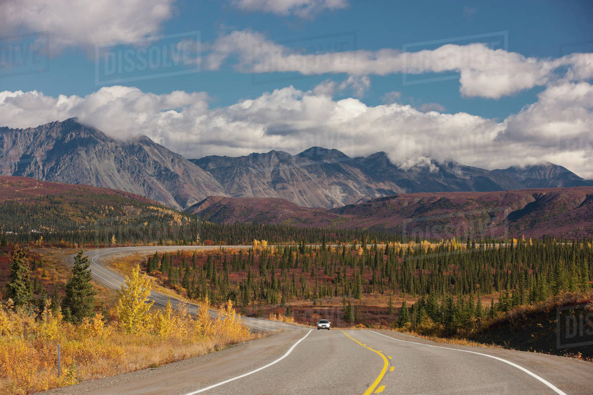 Vehicle Driving On The George Parks Highway As It Passes Through Broad ...