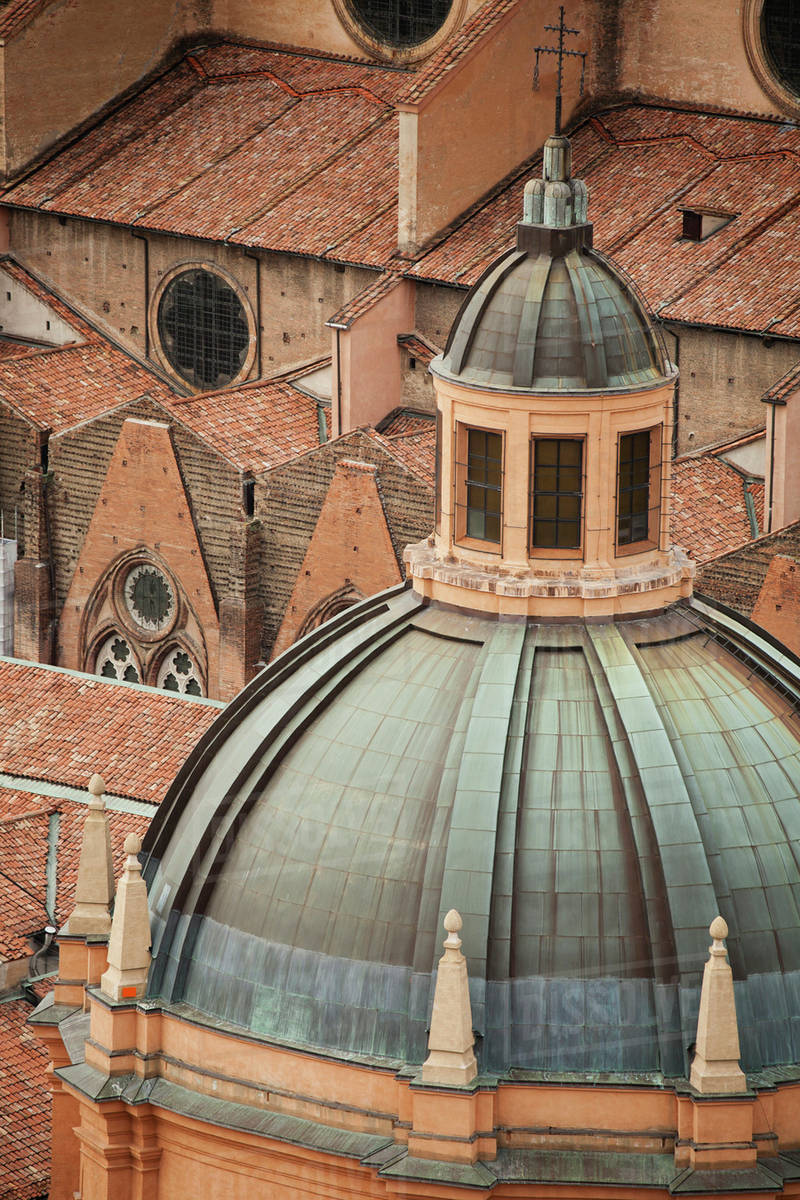 Close up and high angle view from on top of the towers of bologna of a ...