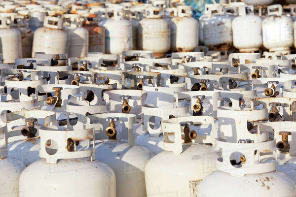 Used propane tanks piled up for recycling;Edmonton, alberta, canada ...