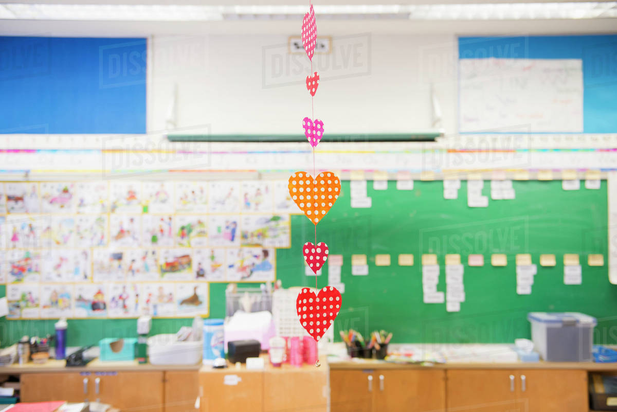 Hearts Hanging In A Row From A Ceiling In A Classroom; Toronto, Ontario ...