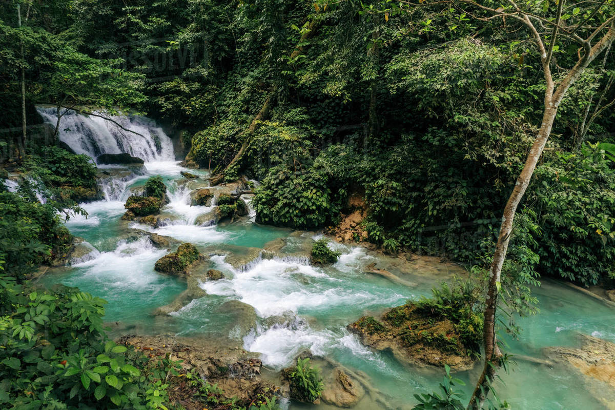 Beautiful waterfall and cascades with lush vegetation at Air Terjun ...