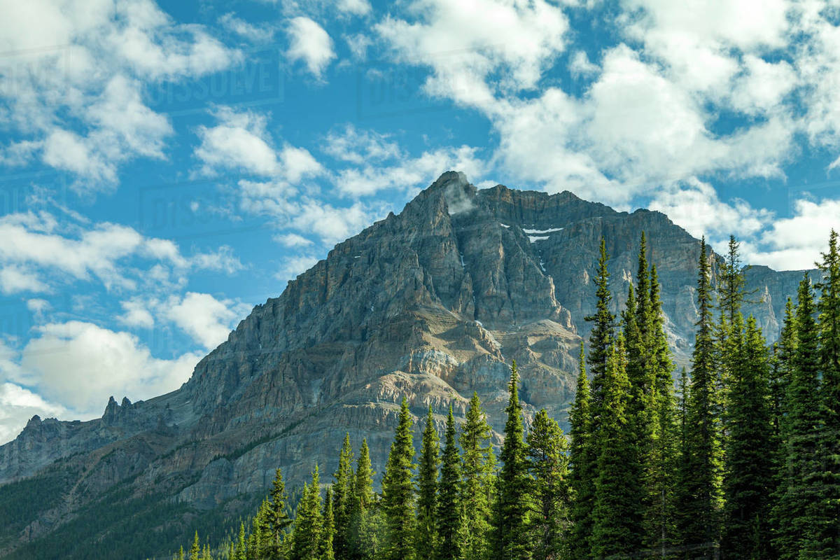 View of the rugged mountain range along the Icefields Parkway in ...