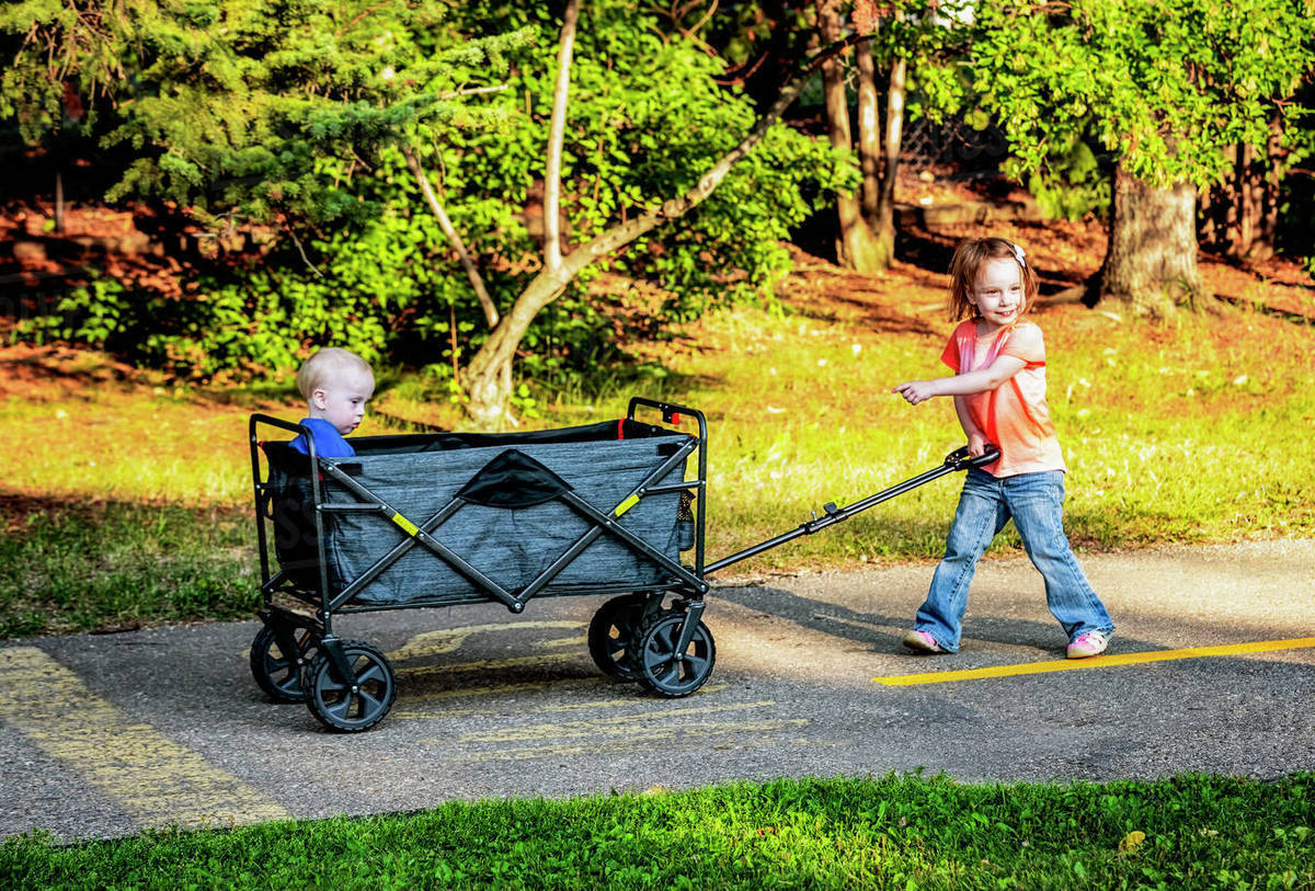 Preschooler girl pulling her younger brother who has Down syndrome in a ...