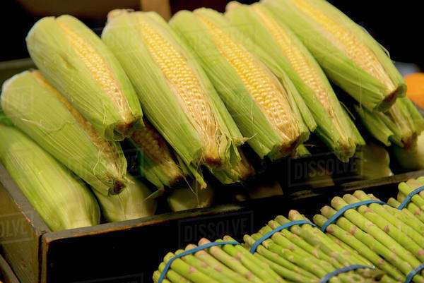 Fresh Corn On The Cob And Asparagus; Seattle, Washington, United States ...