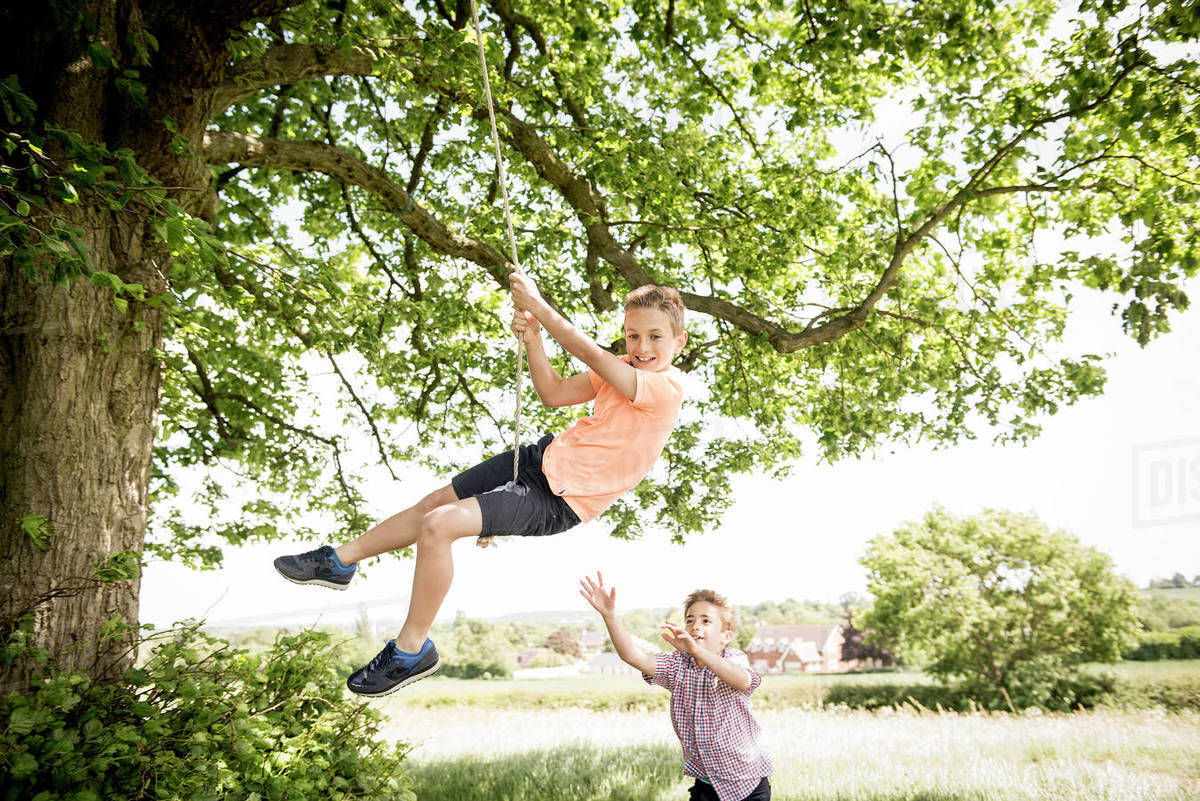 Two boys playing on a swing in the countryside. - Stock Photo - Dissolve