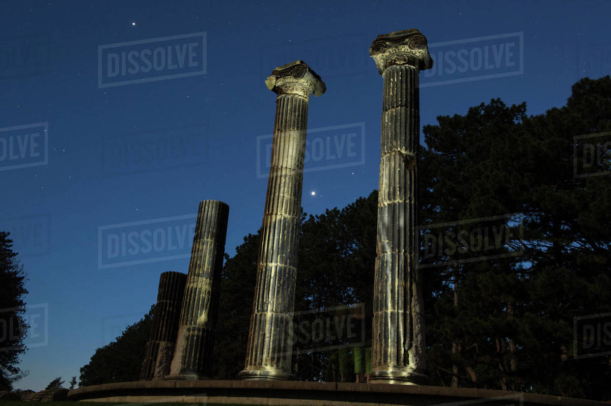 Historic columns at Pioneers Park under a starry night sky in Lincoln ...