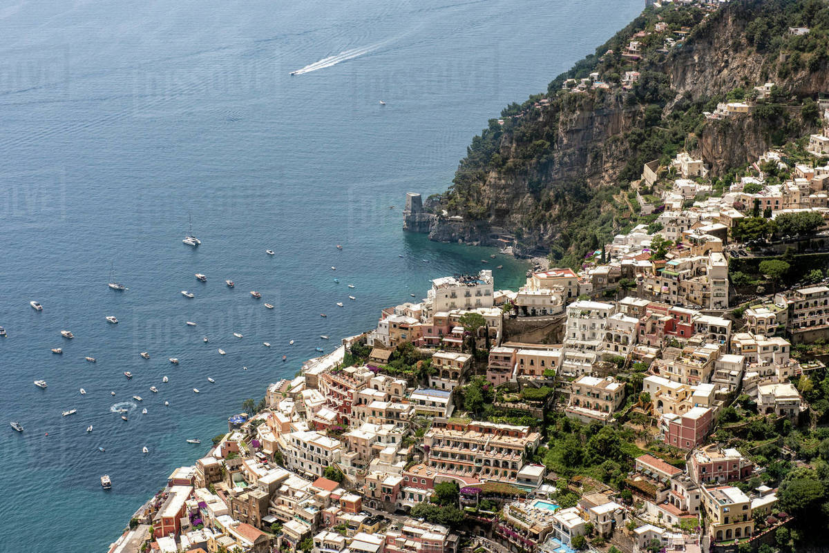 Aerial view of the stone buildings and terraces on the cliffside in the ...