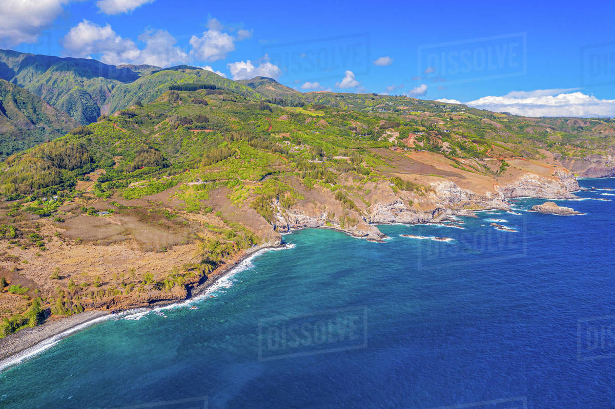 Aerial view of the rugged coastline of Waihee Ridge in the West Maui ...
