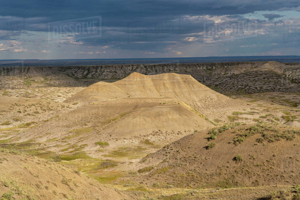 Sunlit landscape in Grasslands National Park; Val Marie, Saskatchewan ...