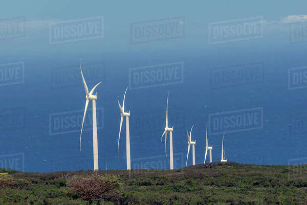 Row of wind turbines on the Big Island of Hawaii. Electricity from wind ...