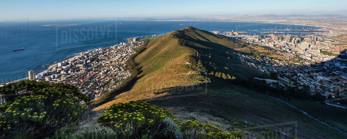 Overview of Cape Town city skyline and shoreline along the Atlantic ...
