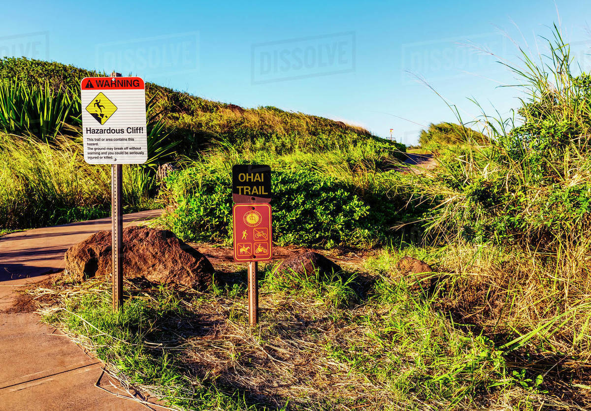 Sign warning of hazardous cliffs on the Ohai Trail; Maui, Hawaii ...