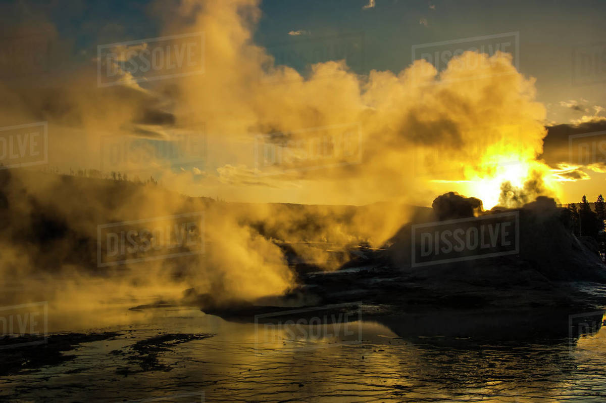 Golden sunlight illuminates steam from the Castle Geyser in Yellowstone ...