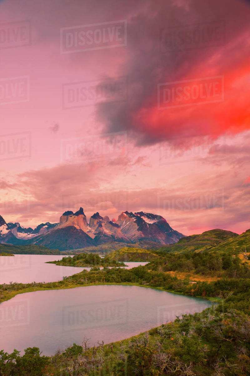 Lago (Lake) Pehoe at Sunrise, Torres del Paine National Park; Patagonia ...