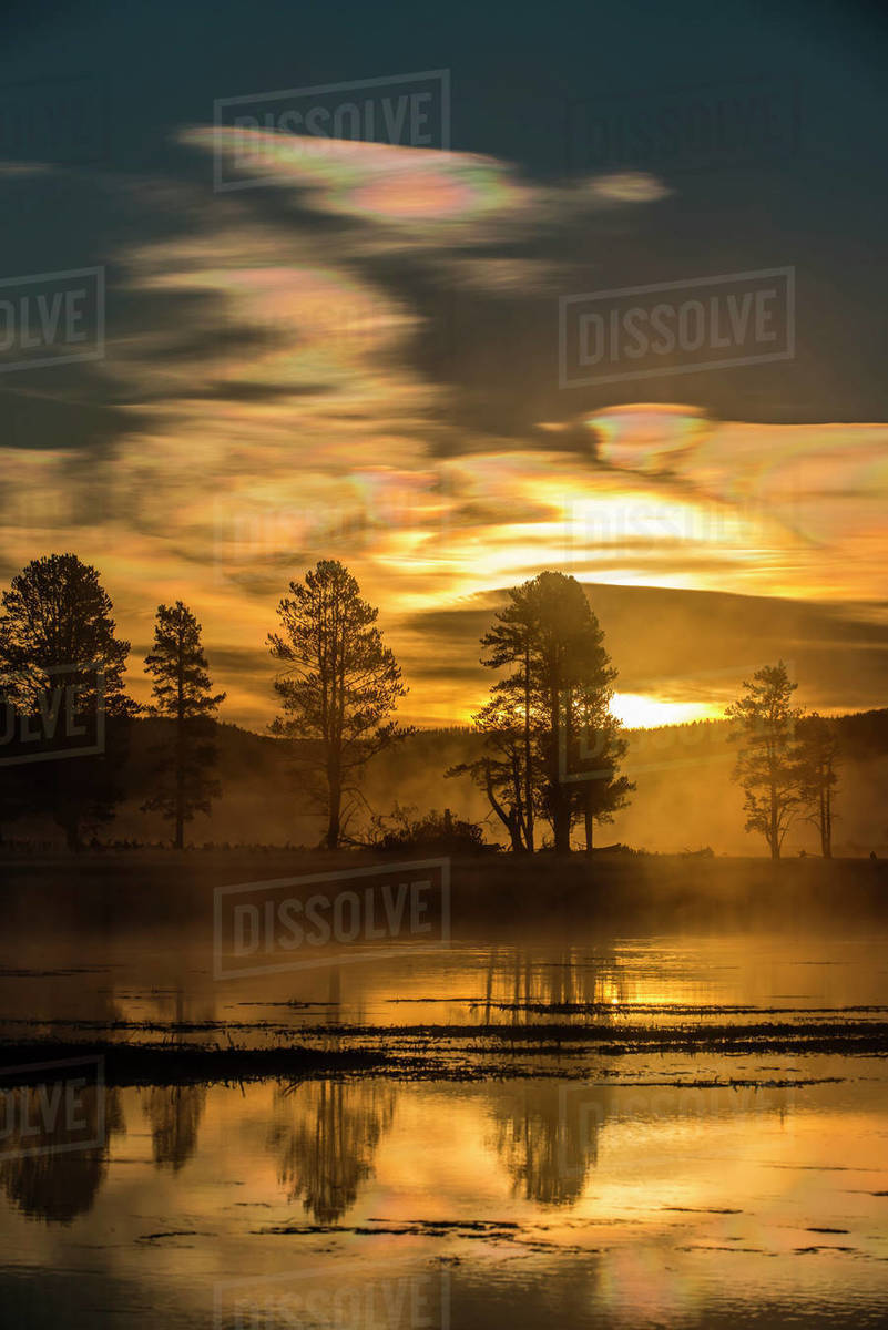 A golden sunrise colours the sky over Yellowstone River and the ...