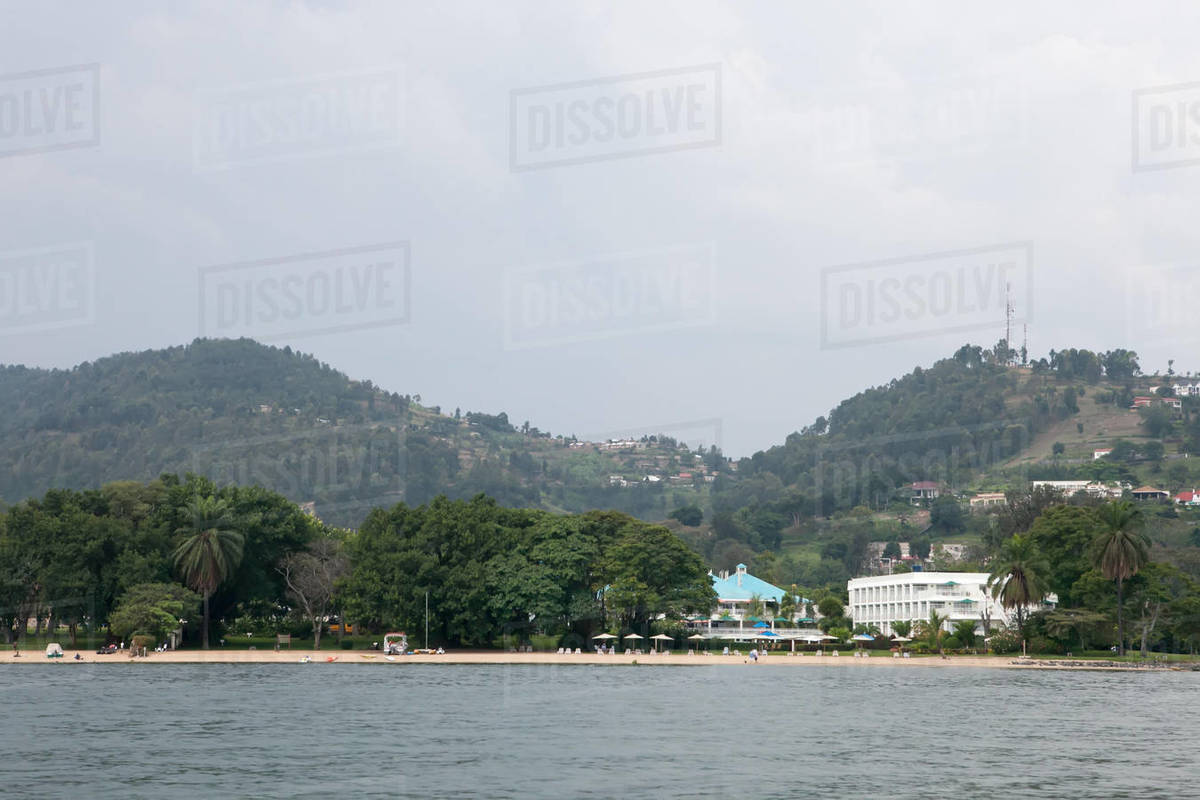 A view to the shores of Lake Kivu from a boat.; Lake Kivu, Rwanda ...