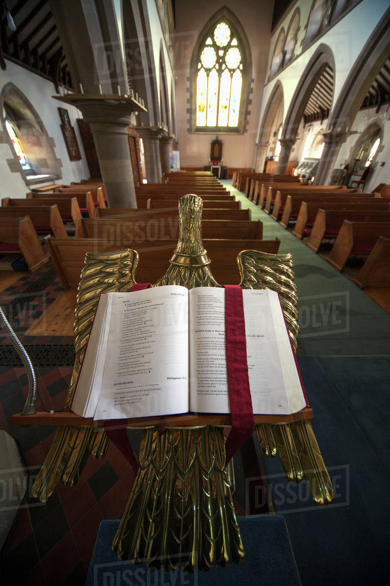 An Open Bible On A Gold Podium In St. Andrew's Church; Kelso, Scottish ...