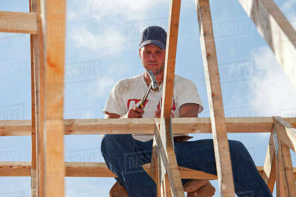 Tradesman Working On Framing For New Home Construction; St. Albert ...