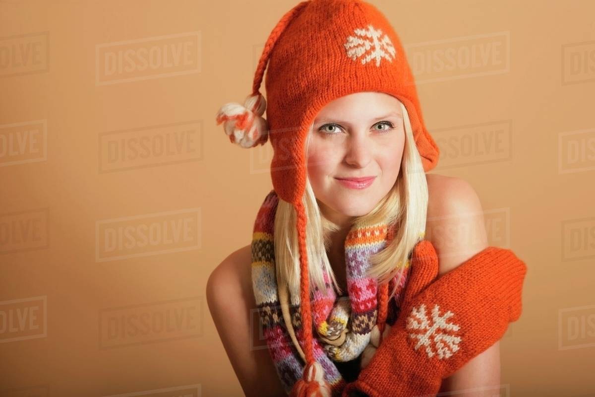 Portrait Of A Young Woman In A Toque, Mittens And Scarf - Stock Photo ...