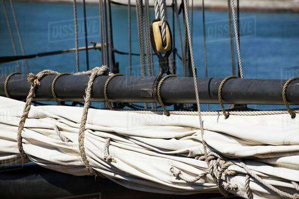 Close Up Of A Tall Ship's Sail And Pulley; Port Colborne, Ontario ...