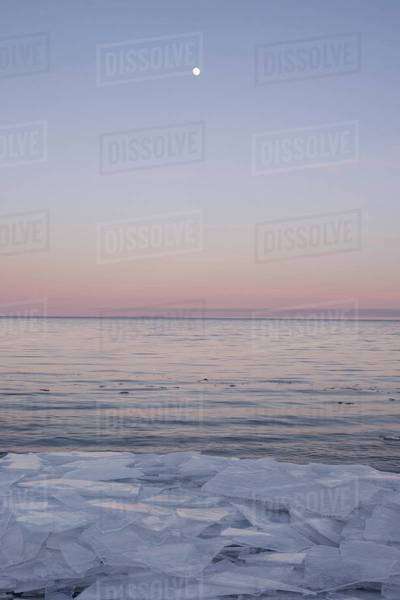 Full Moon At Dusk With Ice On Lake Superior; Grand Portage, Minnesota ...