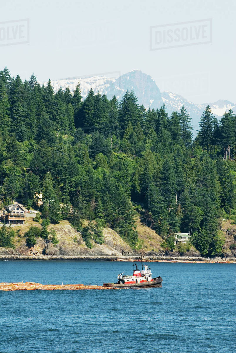 Tug Boat Pulling Logs Through The Ocean With Mountains In The ...