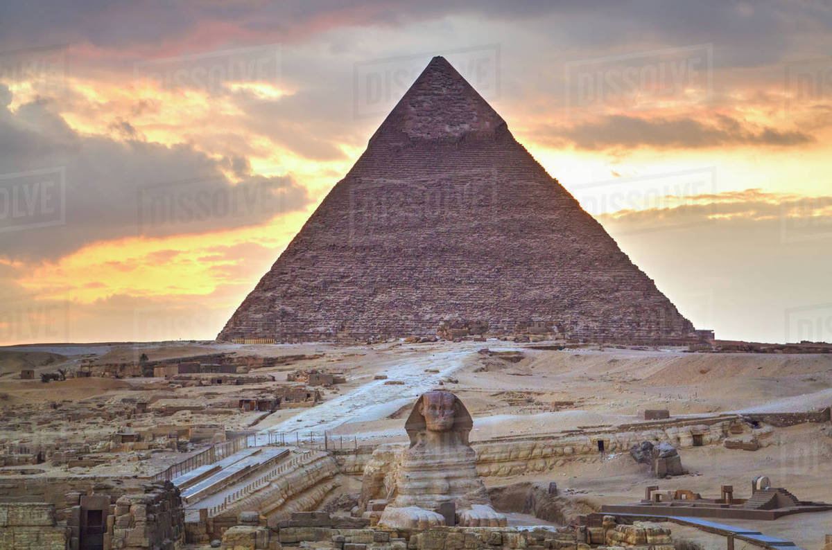Sunset, Sphinx (foreground), The Pyramid of Chephren (background), The ...