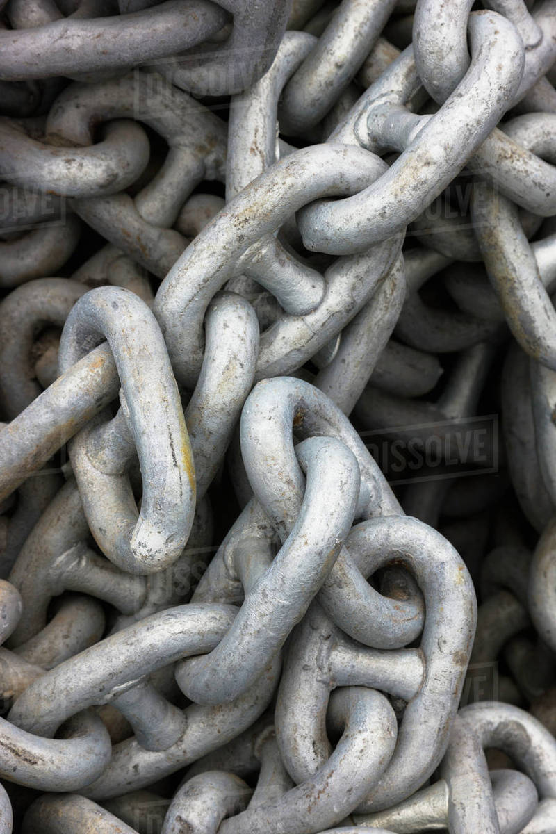 Close up of steel chain links in a pile, St. Paul Harbor, St. Paul ...