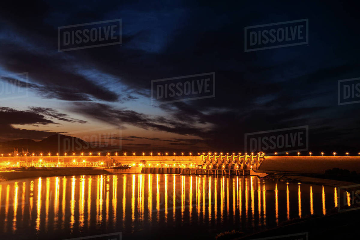 Dam Over The Euphrates River Lit Up At Nighttime; Turkey - Royalty-free ...