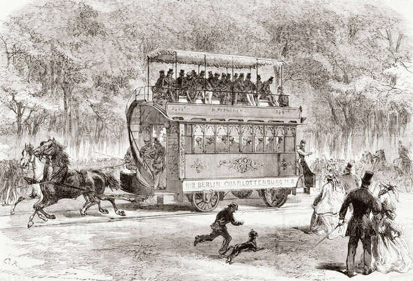 The first horse-bus or horse-drawn omnibus line from Brandenburger Tor ...