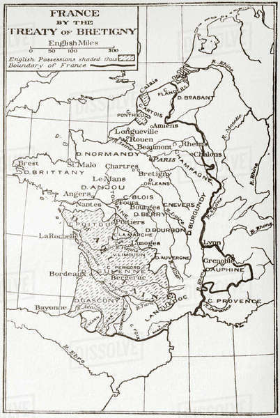 Map of France by the Treaty of Bretigny, 1360. From France, Mediaeval ...