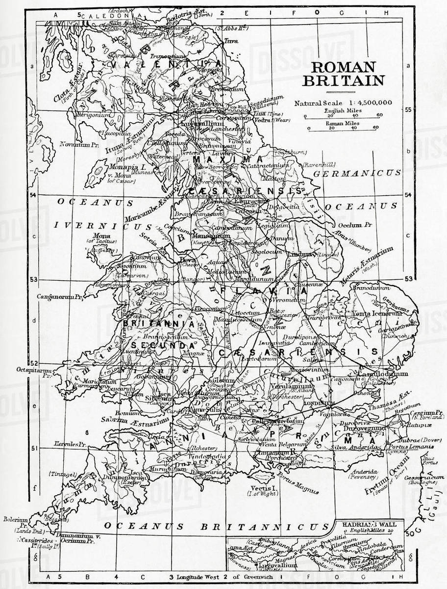 Map of Roman Britain showing the area of the island of Great Britain ...