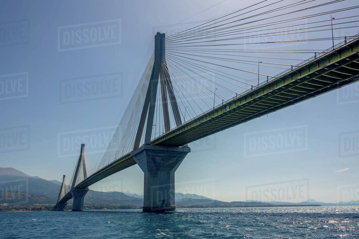 Greece. Bridge Rion Antirion. High pylons of the cable-stayed bridge ...