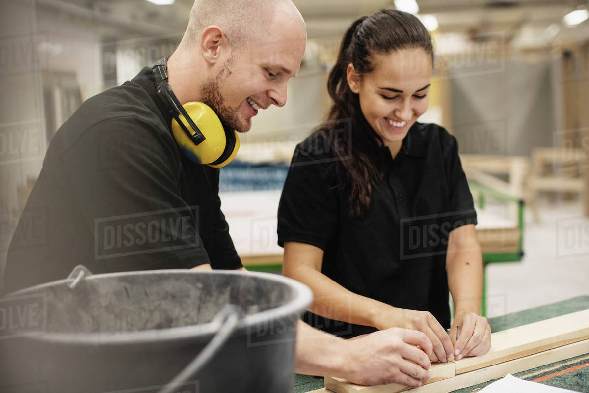 Happy carpentry teacher and student working on wooden planks - Stock ...