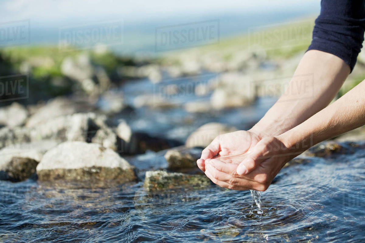 Cropped image of hiker's hands holding water over stream - Royalty-free ...