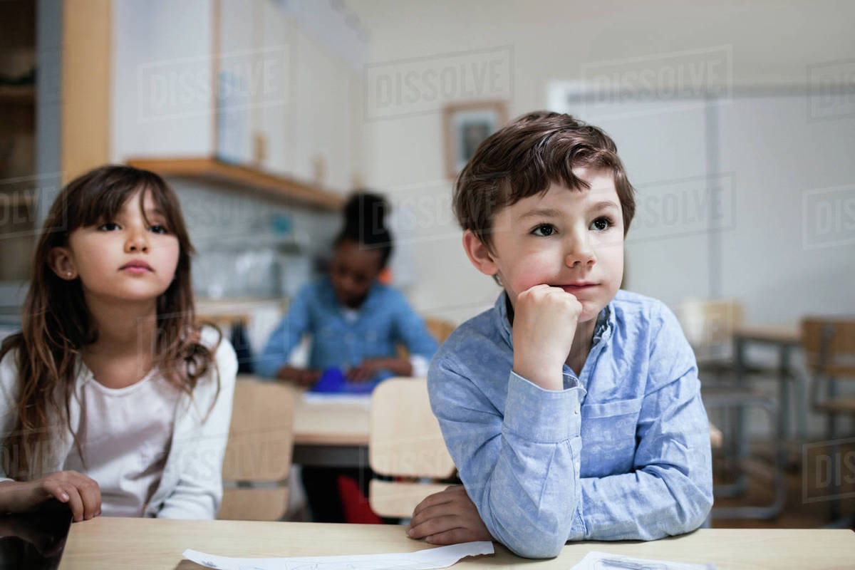 Concentrated children sitting at desk in classroom - Stock Photo - Dissolve