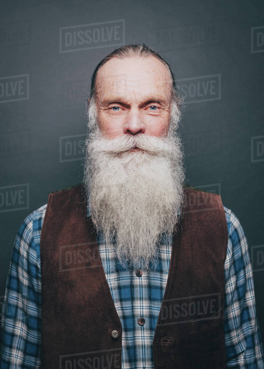 Portrait of confident senior man with long white beard over gray ...