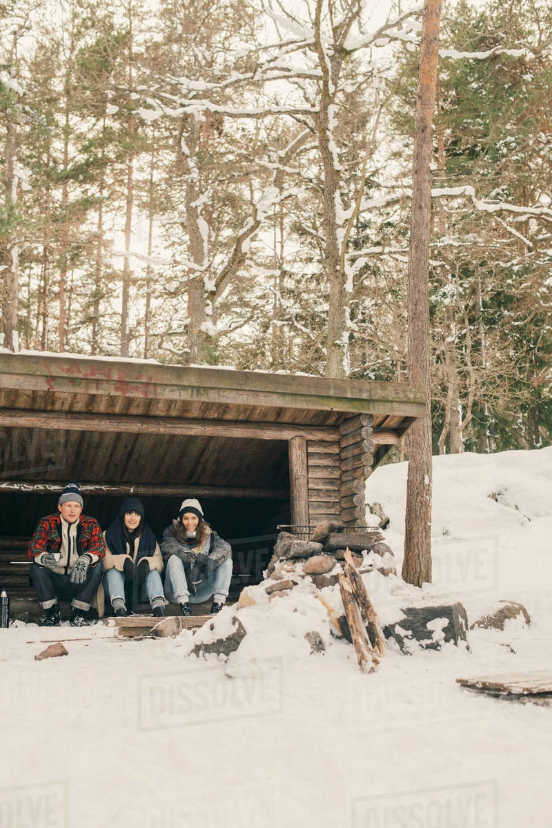 Friends sitting in log cabin against trees during winter - Royalty-free ...