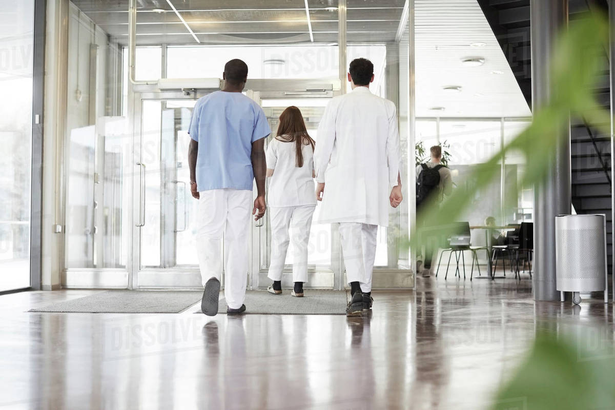 Full length rear view of healthcare workers walking in lobby at ...