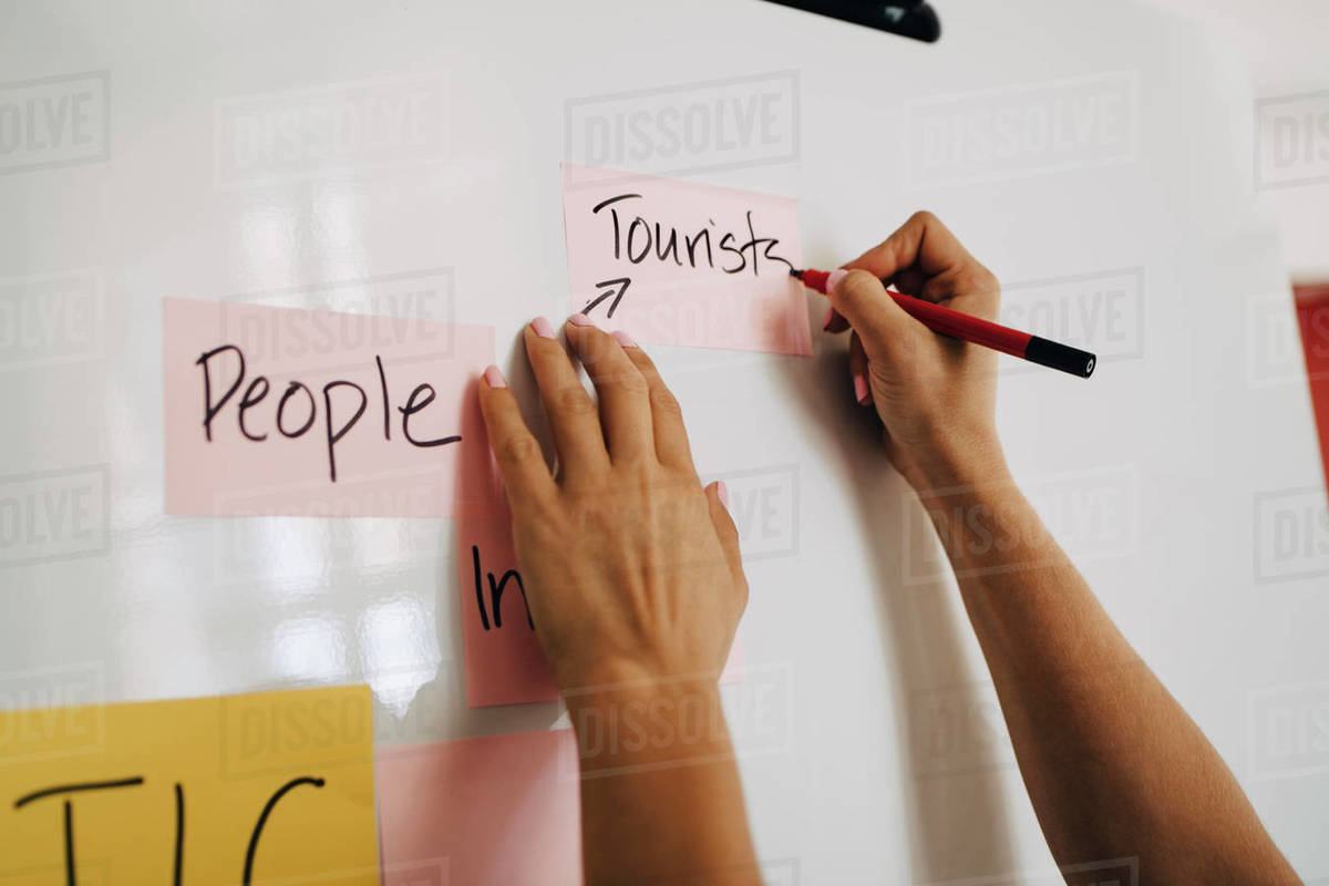Hands of businesswoman writing on whiteboard while planning at creative ...