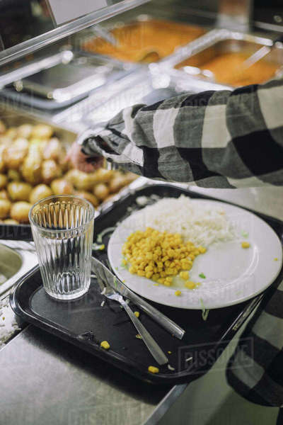Boy refilling food in plate at food bar during lunch break - Royalty ...