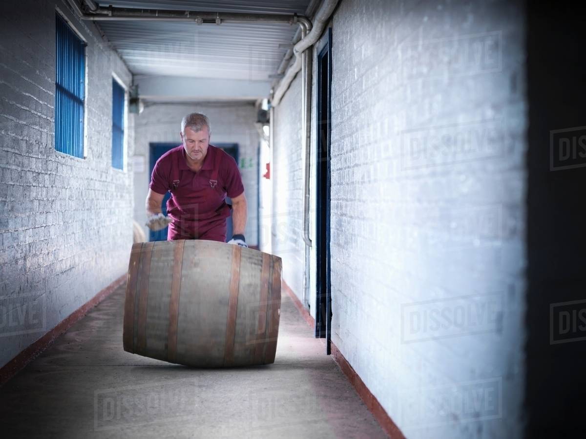 Worker rolling whisky barrel in distillery - Stock Photo - Dissolve