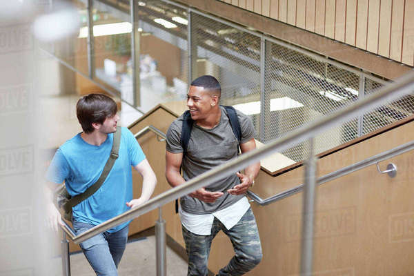 Two male students moving up stairway at higher education college ...