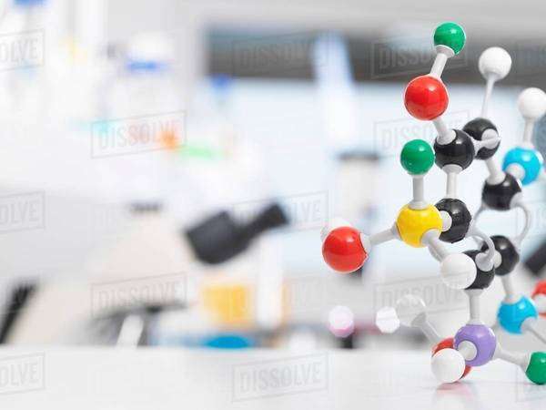 Molecular model structure sitting on a lab bench during a experiment ...