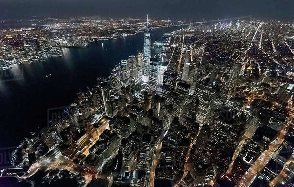 Aerial view from helicopter of Freedom Tower, Manhattan, New York, USA ...