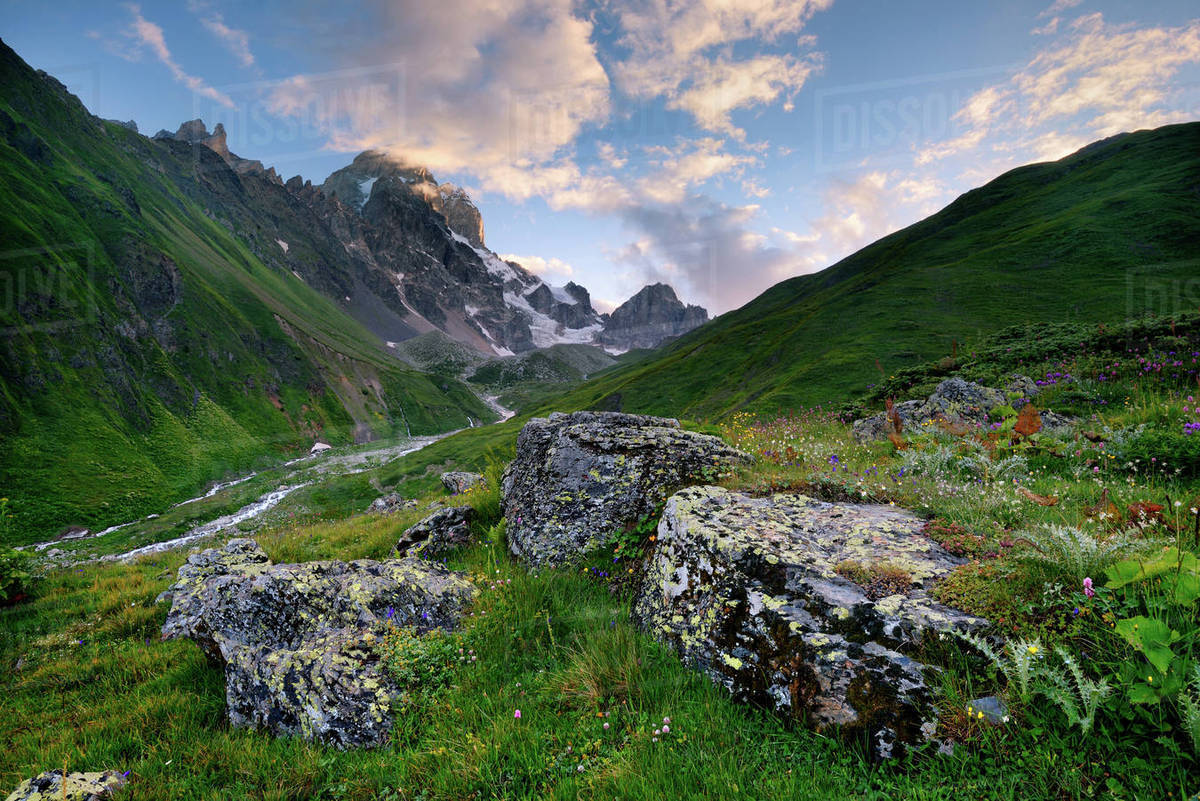 Rural landscape, Ushba Mountain in background, Caucasus, Svaneti ...